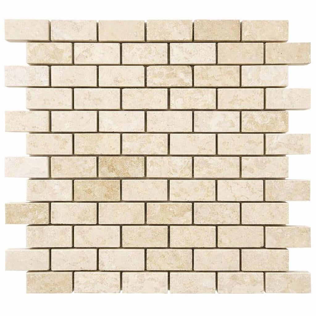 Ivory / Light Travertine 1x2 Cream Filled & Honed Brick Joint Mosaic B ...