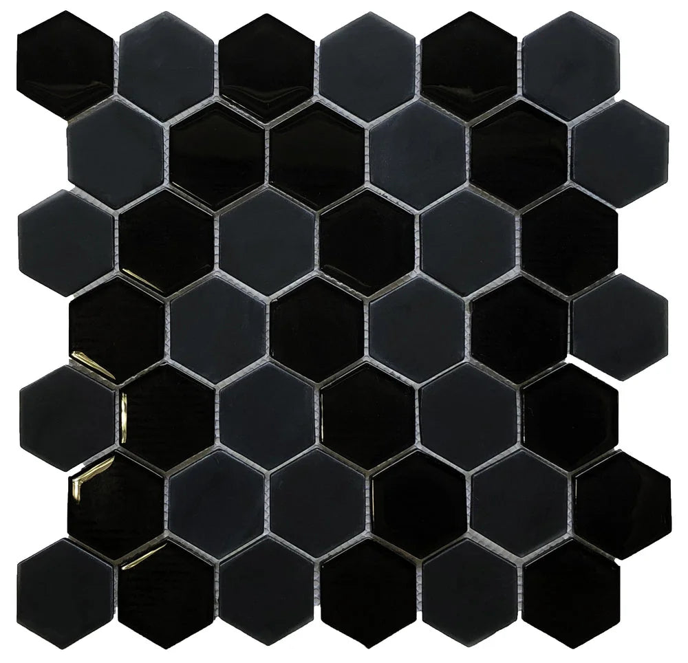 Omni Black 2" Hexagon Gloss & Matte Glass Mosaic — Solidshape